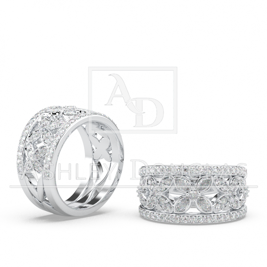 18CT White Gold Flower Pattern Diamond Wide Wedding Ring - Ashley ...